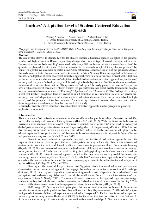 (PDF) Teachers' Adoptation Level of Student Centered Education Approach