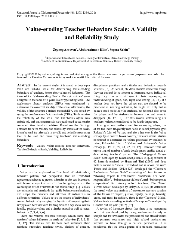 (PDF) Value-eroding Teacher Behaviors Scale: A Validity and Reliability Study