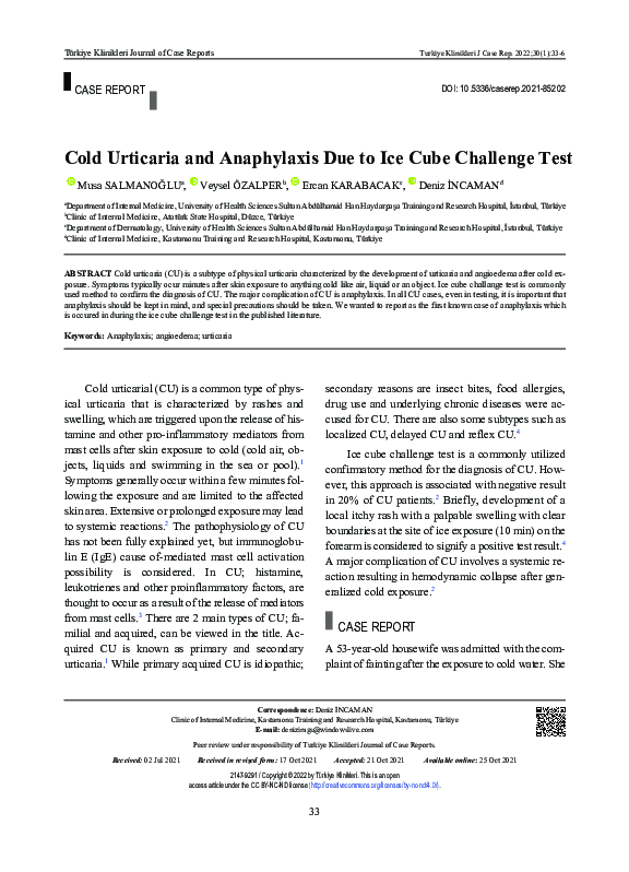 (PDF) Cold Urticaria and Anaphylaxis Due to Ice Cube Challenge Test
