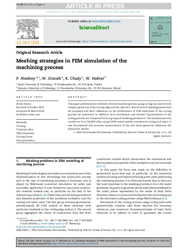 (PDF) Meshing strategies in FEM simulation of the machining process | Piotr Niesłony - Academia.edu