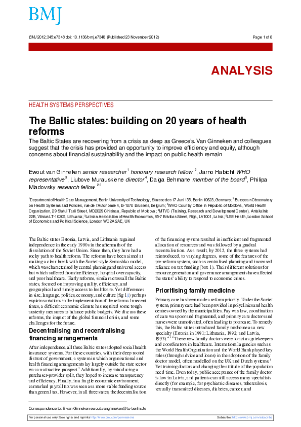 (PDF) The Baltic states: building on 20 years of health reforms