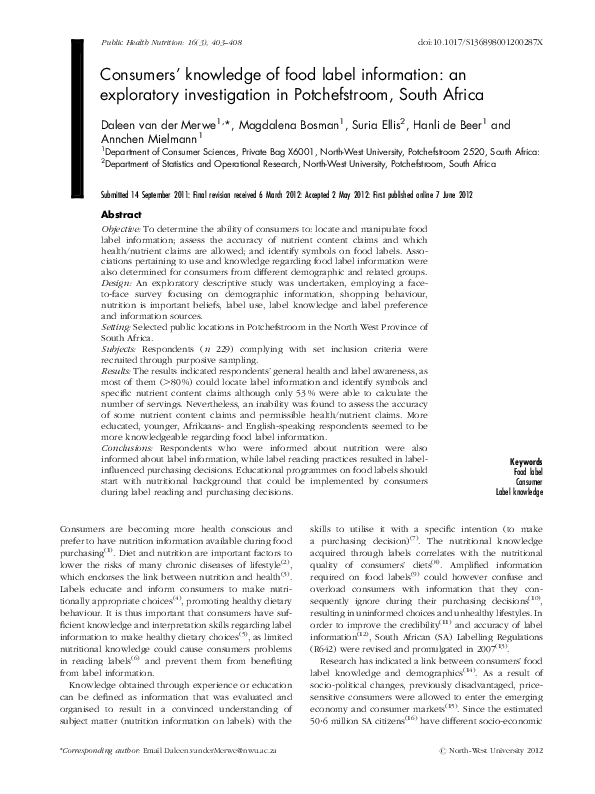 (PDF) Consumers’ knowledge of food label information: an exploratory ...
