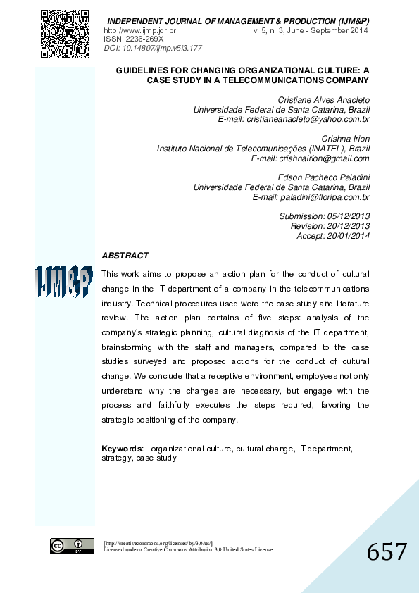 (PDF) Cultural Change in Telecommunications Companies: A Case Study