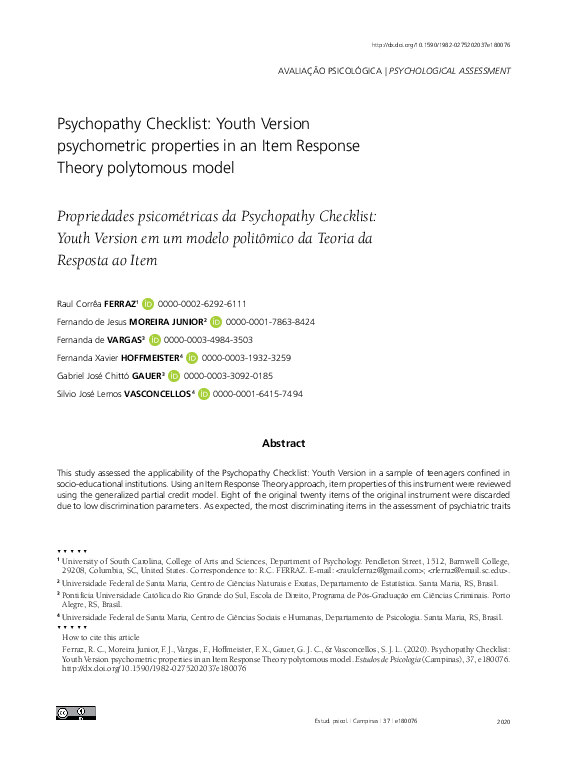 (PDF) Psychopathy Checklist: Youth Version psychometric properties in ...