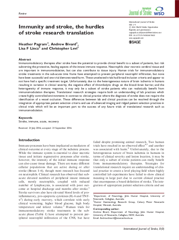 (PDF) Immunity and stroke, the hurdles of stroke research translation