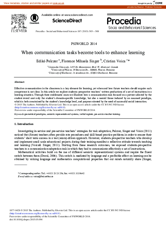 (PDF) When Communication Tasks Become tools to Enhance Learning