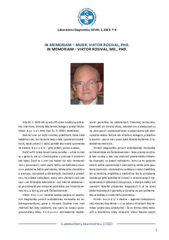 (PDF) In memoriam MUDr. Viktor Rosival, PhD. / In memoriam Viktor Rosival, MD., PhD