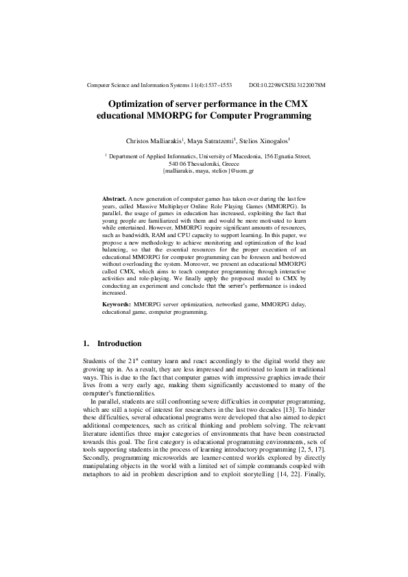 (PDF) Optimization of server performance in the CMX educational MMORPG ...