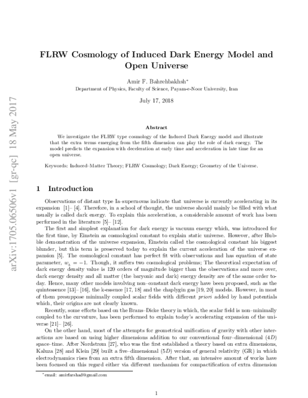 (PDF) FLRW cosmology of induced dark energy model and open universe