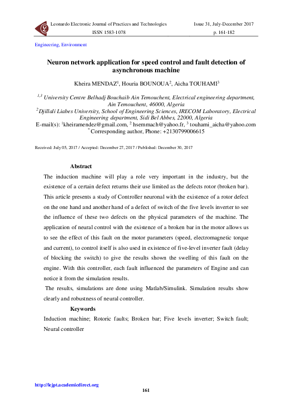 Pdf Neuron Network Application For Speed Control And Fault Detection Of Asynchronous Machine