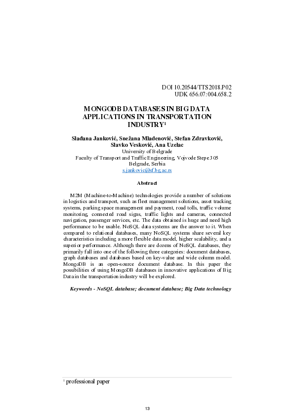 Pdf Mongodb Databases In Big Data Applications In Transportation Industry 