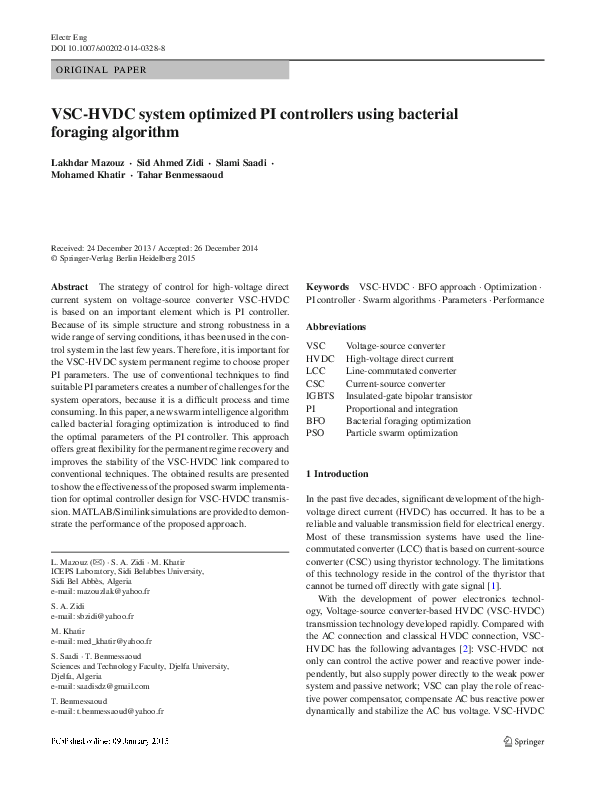 Pdf Vsc Hvdc System Optimized Pi Controllers Using Bacterial Foraging Algorithm