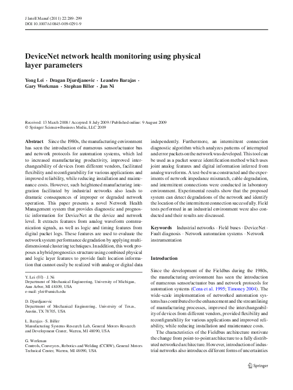 DeviceNet network health monitoring using physical layer parameters