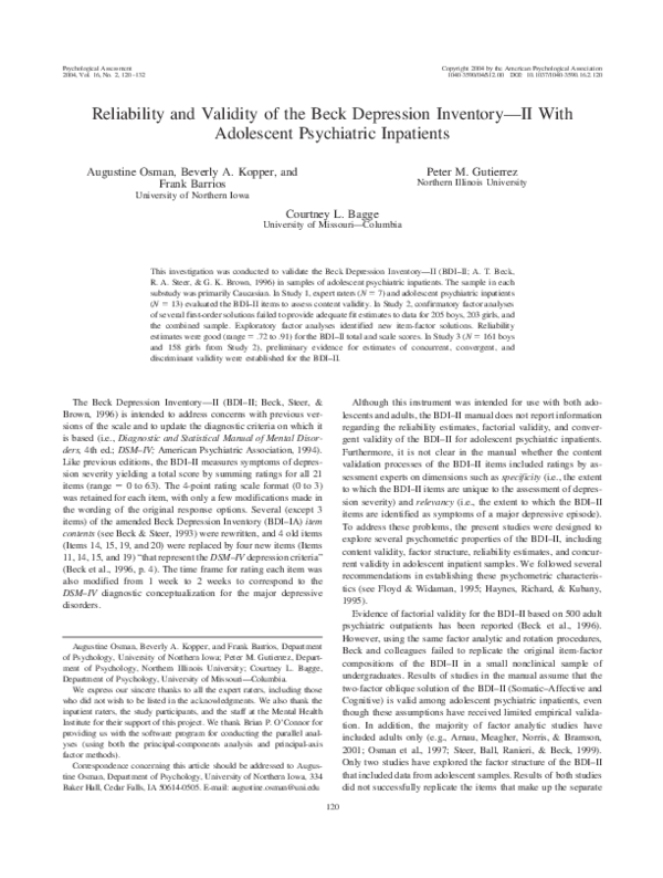 (PDF) Reliability and Validity of the Beck Depression Inventory--II ...