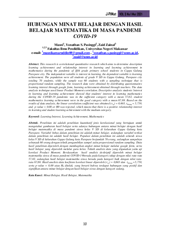 (PDF) Hubungan Minat Belajar Dengan Hasil Belajar Matematika DI Masa Pandemi COVID-19 | Zaid ...
