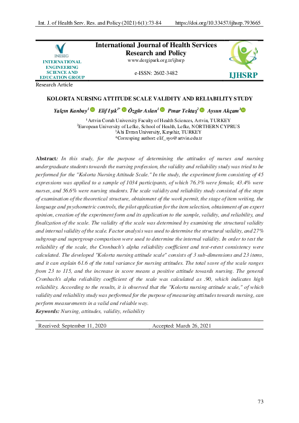 (PDF) Kolorta Nursing Attitude Scale Validity and Reliability Study
