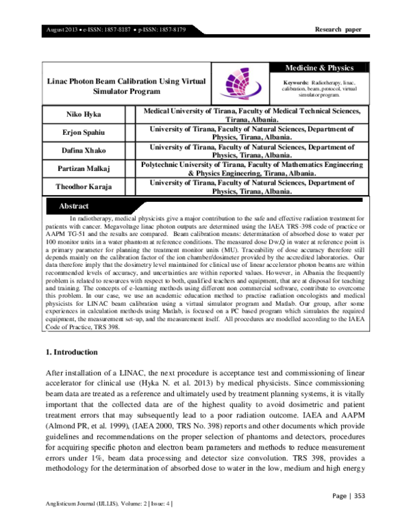 (PDF) Linac Photon Beam Calibration Using Virtual Simulator Program