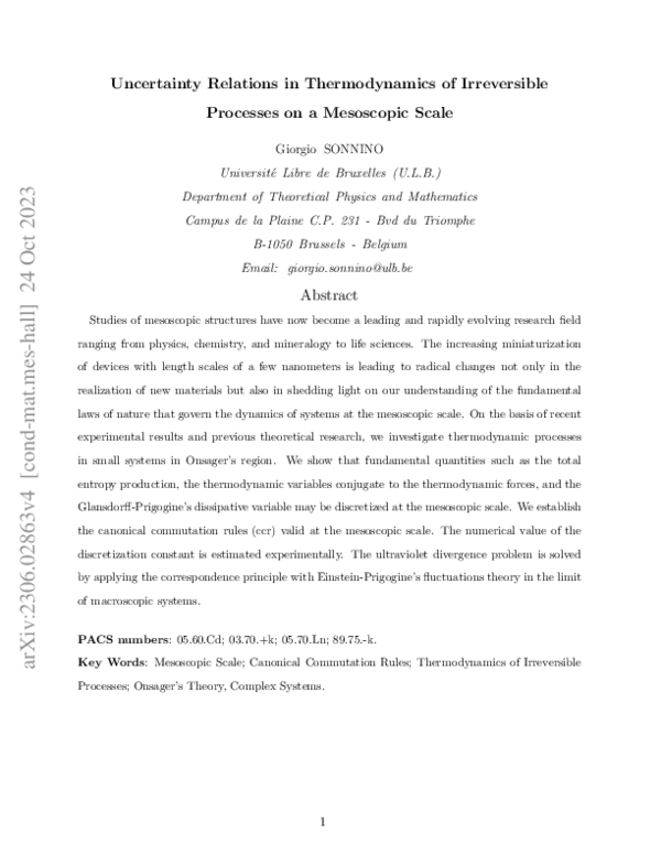 (PDF) Uncertainty Relations in Thermodynamics of Irreversible Processes on a Mesoscopic Scale