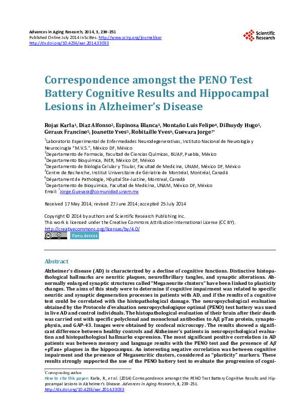 (PDF) Correspondence amongst the PENO Test Battery Cognitive Results ...