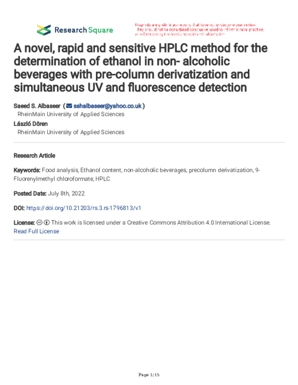 (PDF) A novel, rapid and sensitive HPLC method for the determination of ethanol in non ...