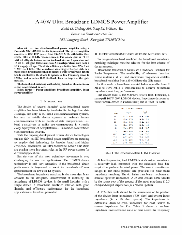 (PDF) A 40W ultra broadband LDMOS power amplifier