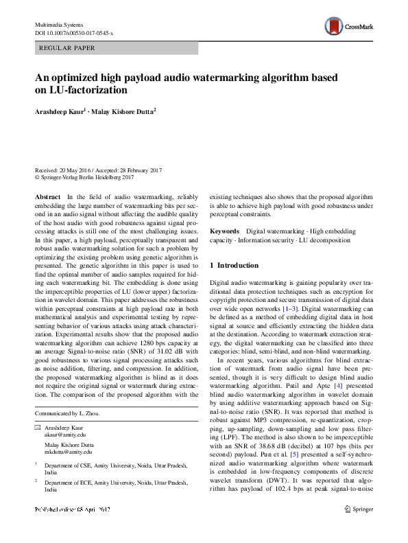 Pdf An Optimized High Payload Audio Watermarking Algorithm Based On