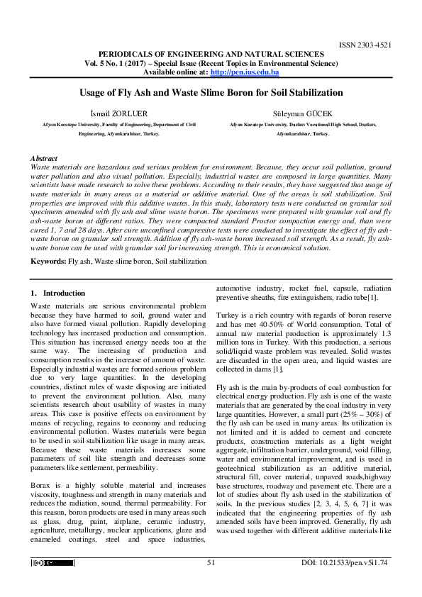 (PDF) Usage of Fly Ash and Waste Slime Boron for Soil Stabilization