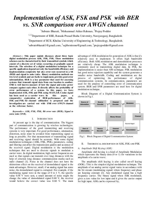 (PDF) Implementation of ASK, FSK and PSK with BER vs. SNR comparison ...