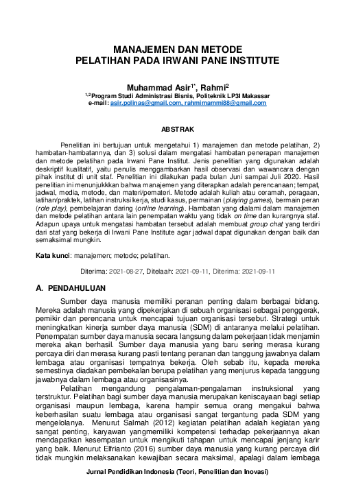 (PDF) Manajemen Dan Metode Pelatihan Pada Irwani Pane Institute