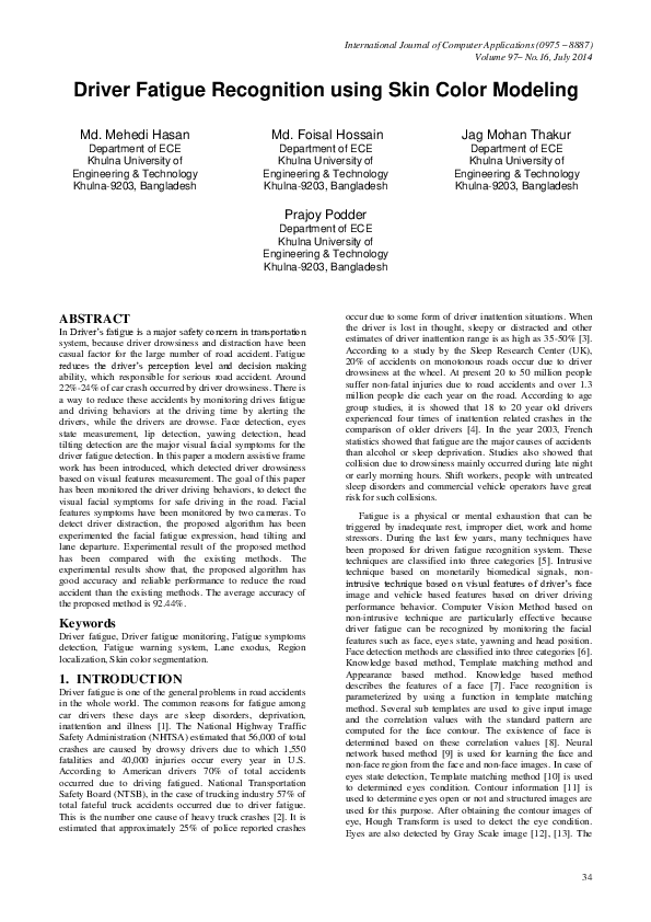 (PDF) Driver Fatigue Recognition using Skin Color Modeling