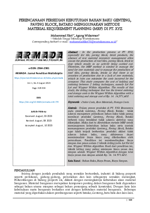 (PDF) Perencanaan Persedian Kebutuhan Bahan Baku Genteng, Paving Block, Batako Menggunakan ...