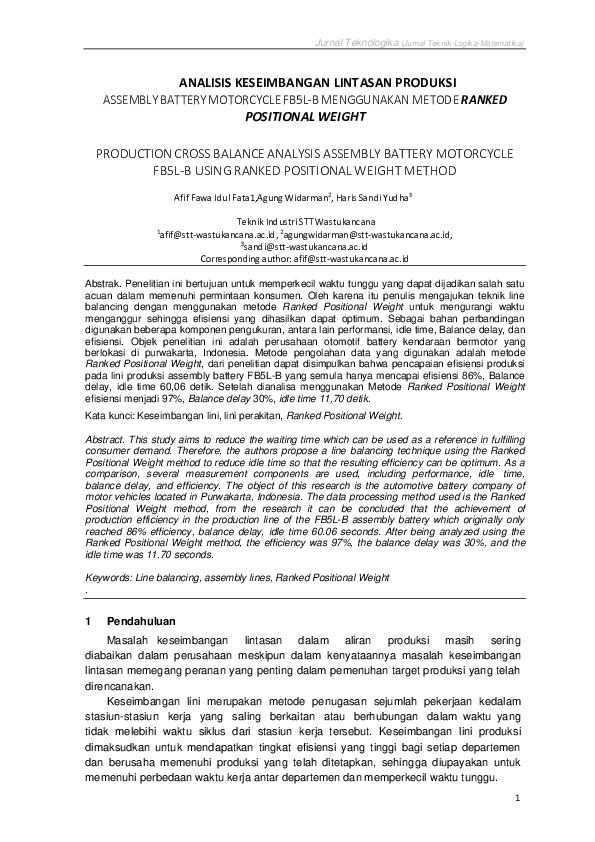 (PDF) Analisis Keseimbangan Lintasan Produksi Assembly Battery ...
