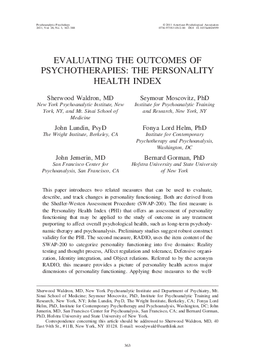 (PDF) Evaluating the outcomes of psychotherapies: The Personality ...