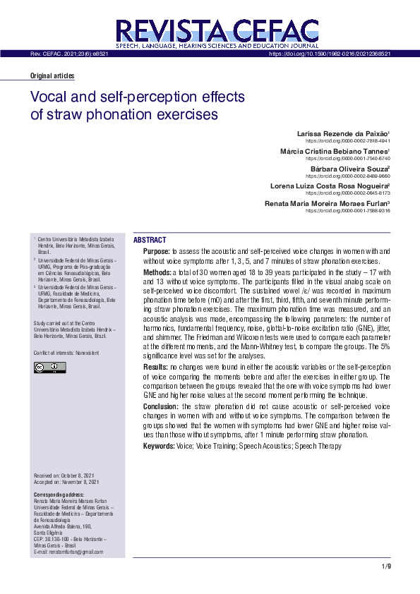 (PDF) Vocal and self-perception effects of straw phonation exercises | Lorena Nogueira ...