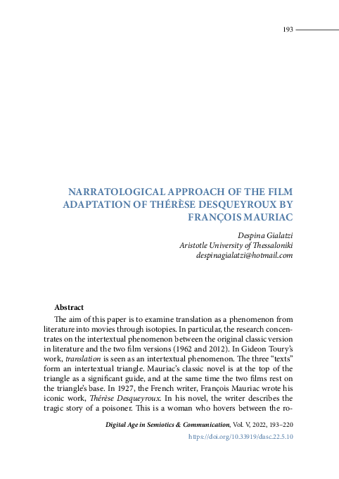 (PDF) Narratological approach of the film adaptation of Thérèse ...