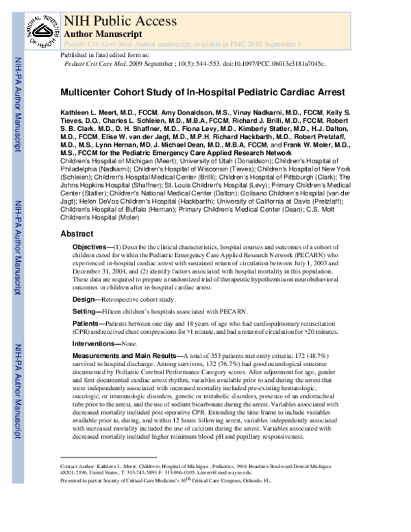 (PDF) Multicenter cohort study of in-hospital pediatric cardiac arrest*