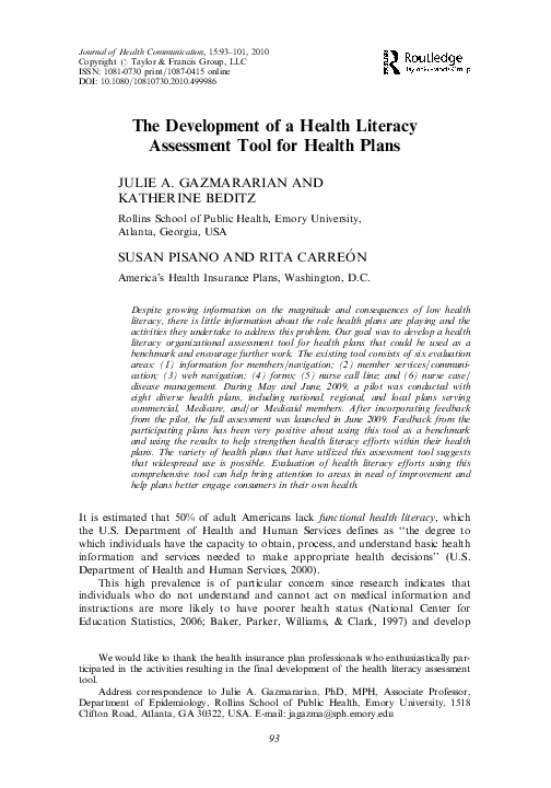 (PDF) The Development of a Health Literacy Assessment Tool for Health Plans