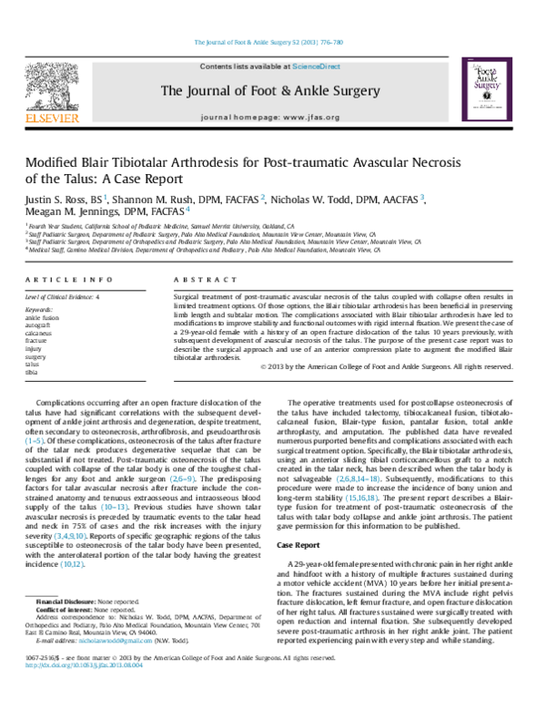(PDF) Modified Blair Tibiotalar Arthrodesis for Post-traumatic ...