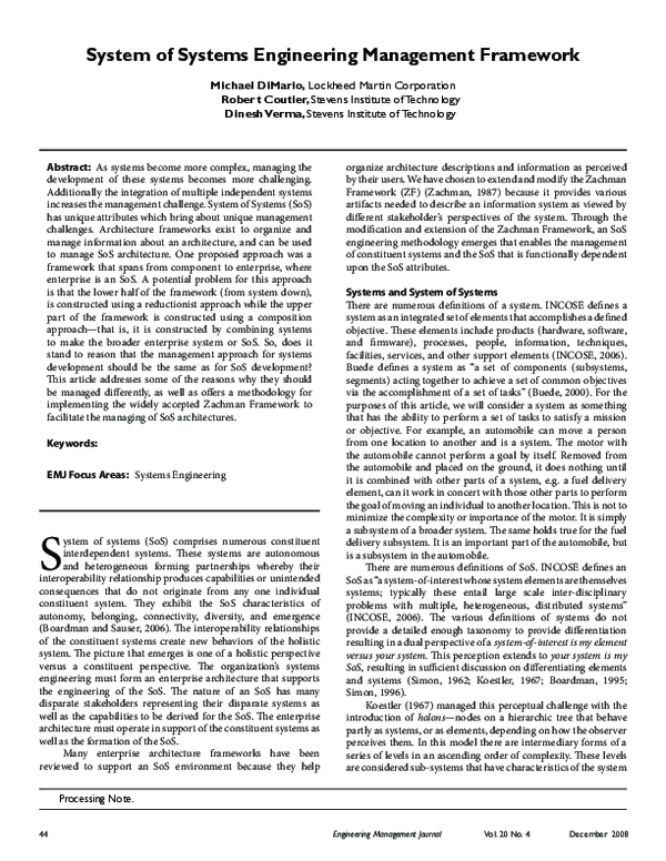 (PDF) System of Systems Engineering Management Framework