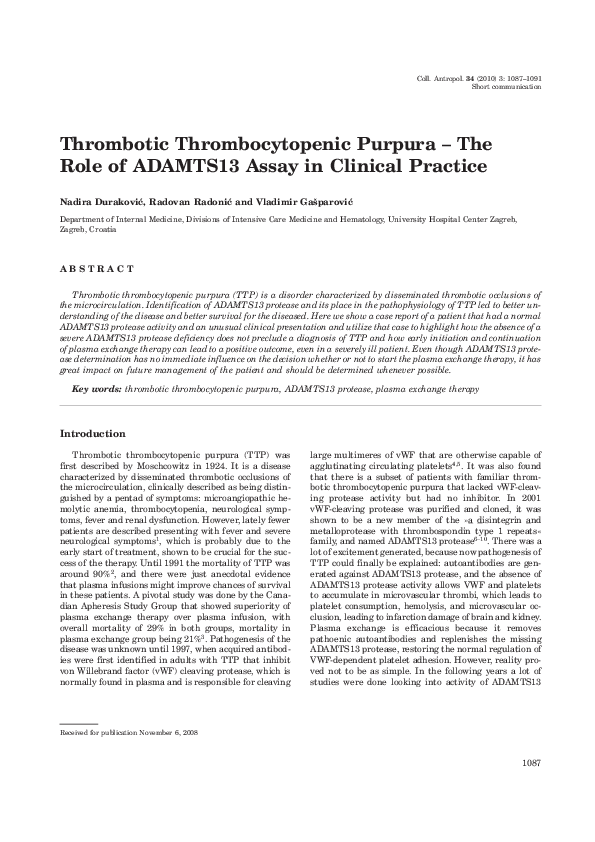 (PDF) Thrombotic Thrombocytopenic Purpura – The Role of ADAMTS13 Assay ...