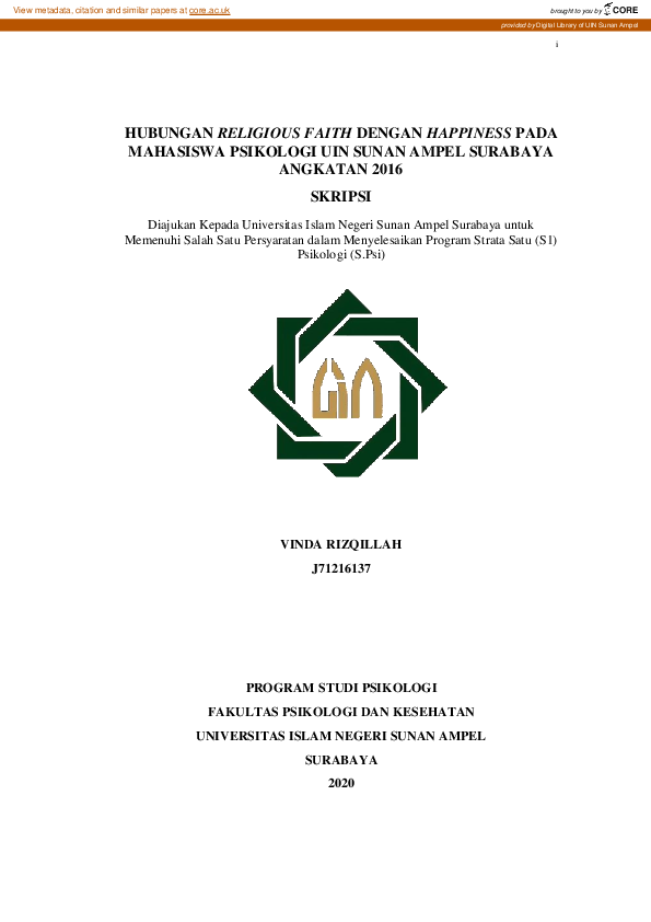 (PDF) Hubungan religious faith dengan happiness pada mahasiswa psikologi UIN Sunan Ampel ...