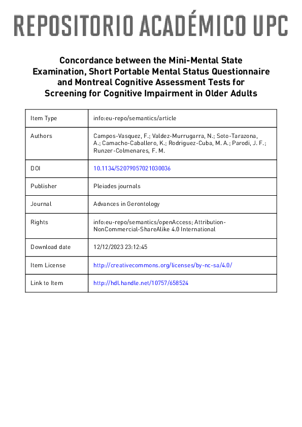 (PDF) Concordance between the Mini-Mental State Examination, Short ...
