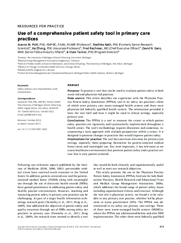 (PDF) Use of a comprehensive patient safety tool in primary care practices