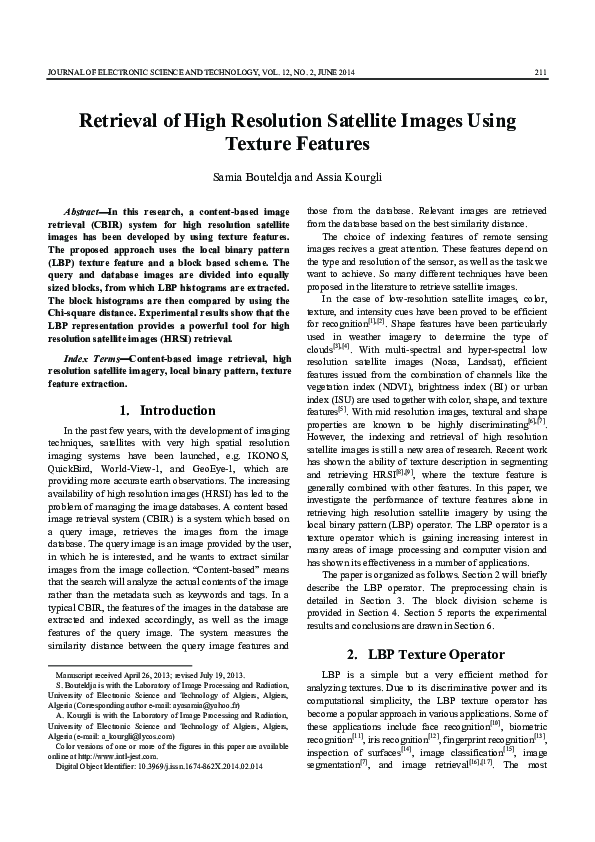 (PDF) Retrieval of High Resolution Satellite Images Using Texture Features