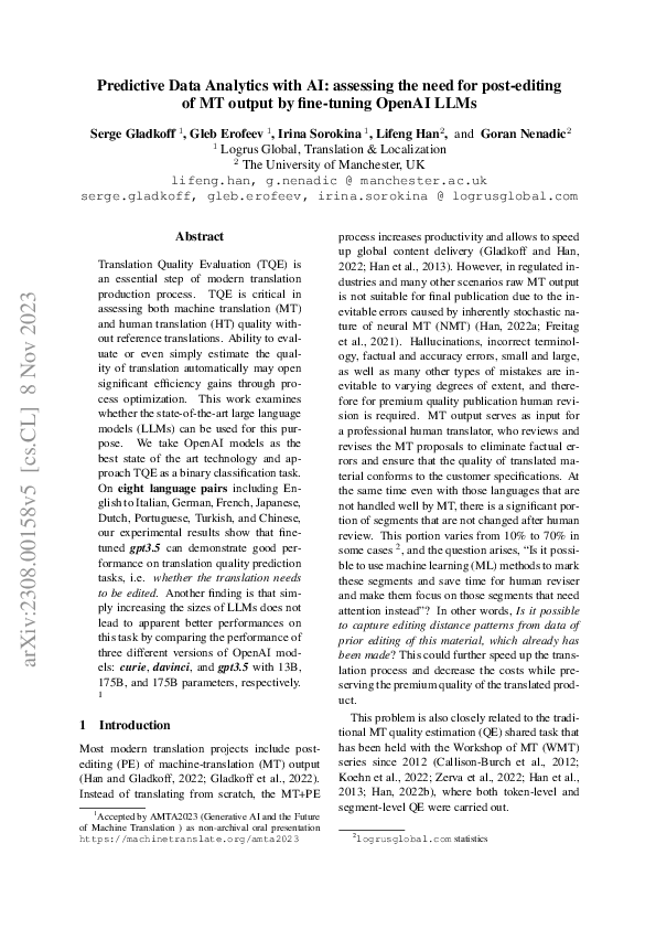 Pdf Predicting Perfect Quality Segments In Mt Output With Fine Tuned Openai Llm Is It