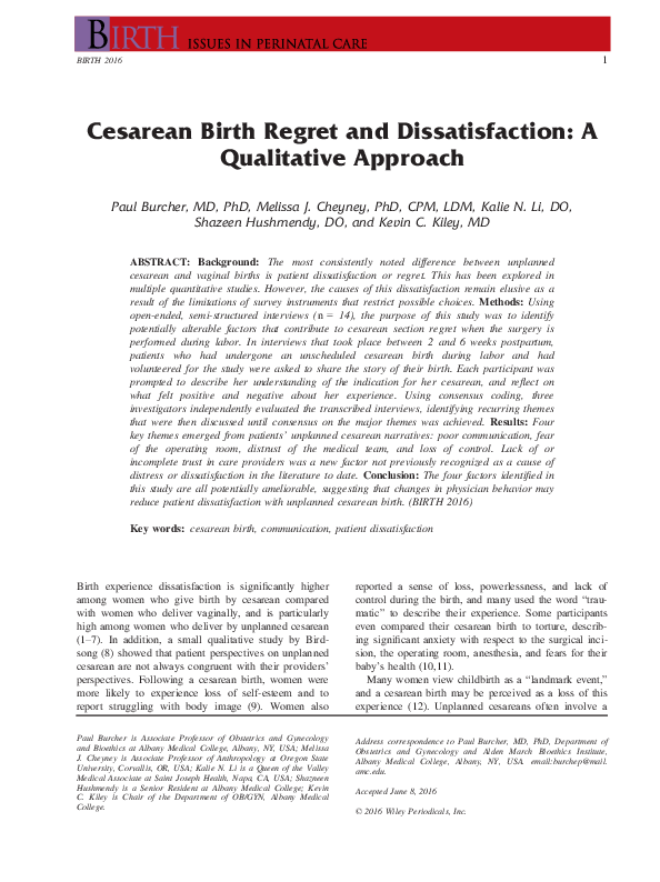 (PDF) Cesarean Birth Regret and Dissatisfaction: A Qualitative Approach ...