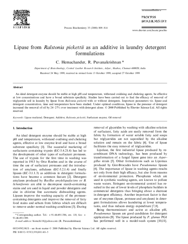 Pdf Lipase From Ralstonia Pickettii As An Additive In Laundry