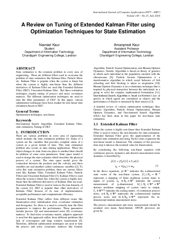 Pdf A Review On Tuning Of Extended Kalman Filter Using Optimization Techniques For State