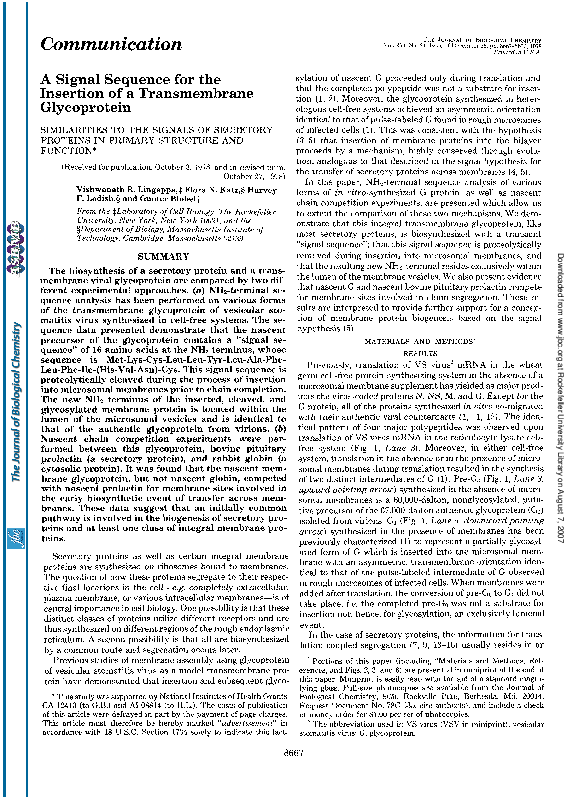 (PDF) A signal sequence for the insertion of a transmembrane ...