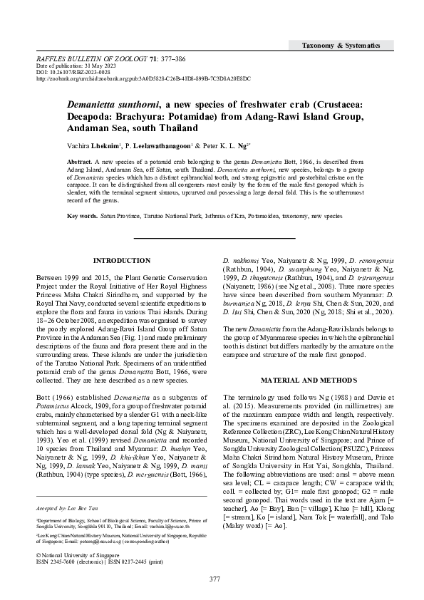 (PDF) Demanietta sunthorni, a new species of freshwater crab (Crustacea ...